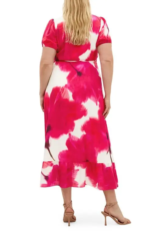 City Chic Floral Print Wrap Midi Dress - Raspberry Bloom