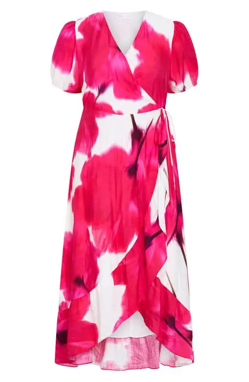 City Chic Floral Print Wrap Midi Dress - Raspberry Bloom