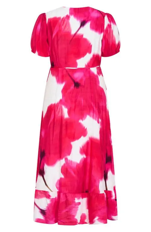 City Chic Floral Print Wrap Midi Dress - Raspberry Bloom