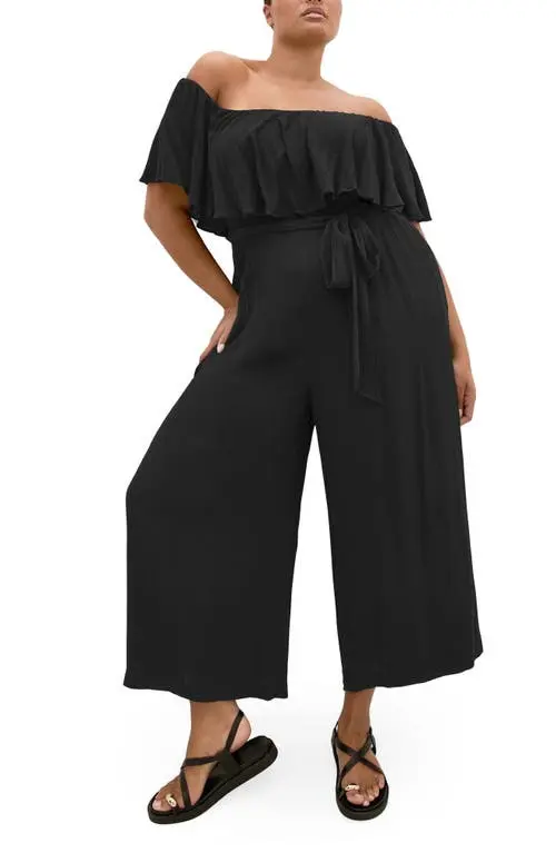 City Chic Emery Off The Shoulder Wide Leg Jumpsuit - Black