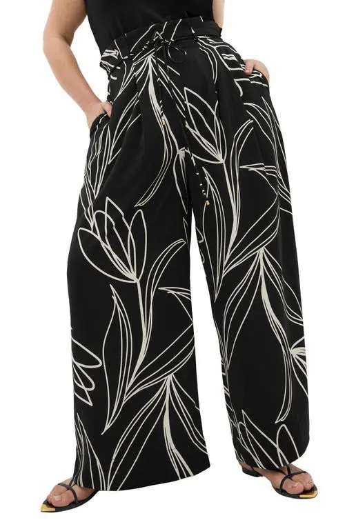 City Chic Wide Leg Paperbag Pants - Black Bloom
