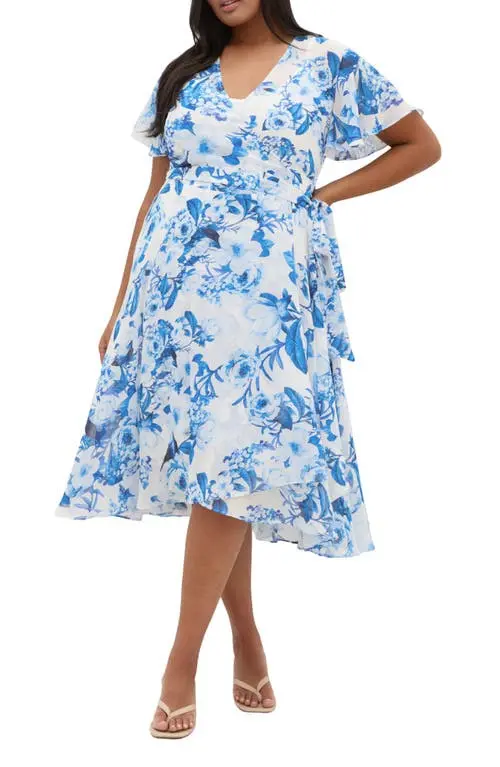 City Chic Floral Print Wrap Dress - Bluebell