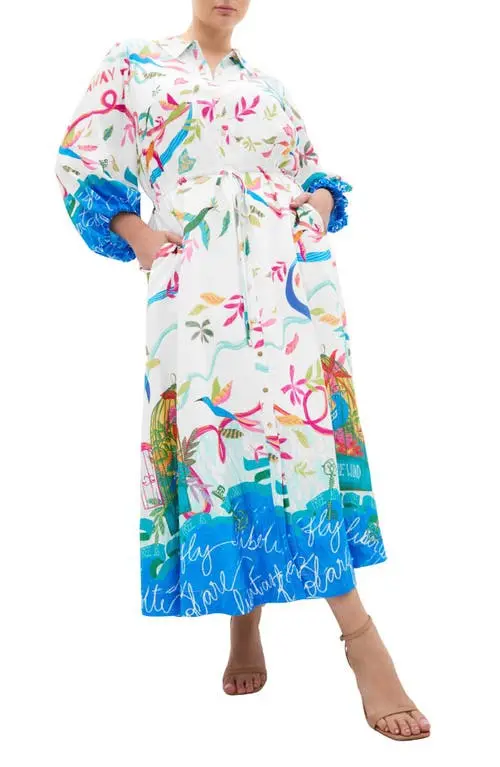 City Chic Tahlia Long Sleeve Bird Print Maxi Shirtdress - Free Spirit