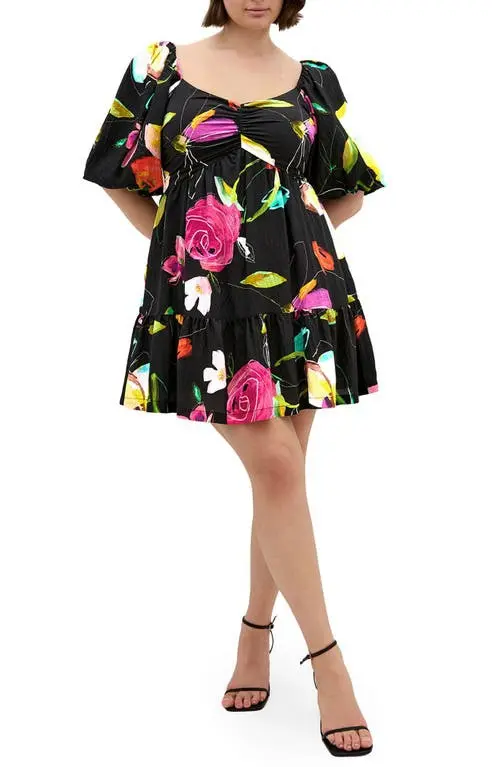 City Chic Floral Print Mini Dress - Floral Sketch