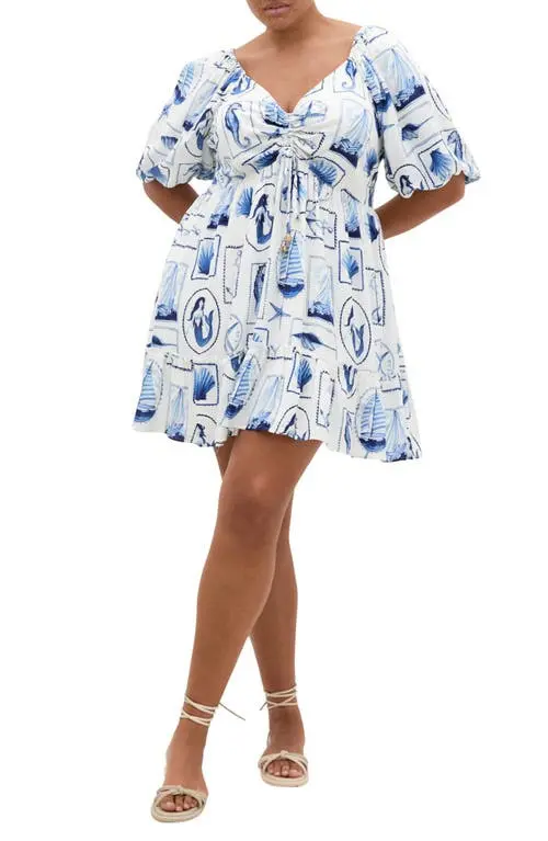 City Chic Giselle Allover Print Minidress - Amalfi Postcard