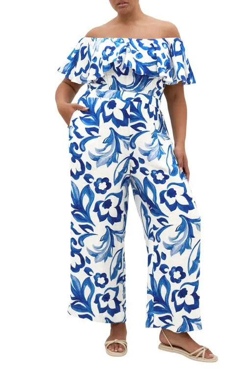 City Chic Off The Shoulder Floral Print Jumpsuit - Mykonos