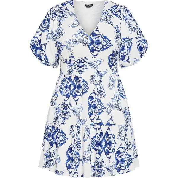 City Chic Winslow Print Puff Sleeve Dress - Willow Bird