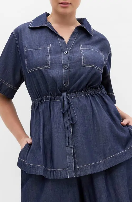 City Chic Tie Waist Denim Shirt - Indigo