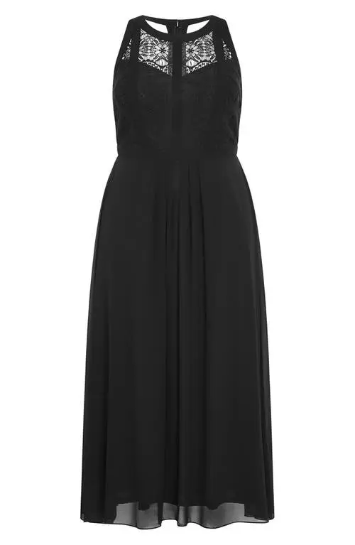 City Chic Lace Bodice Pleated Dress - Black