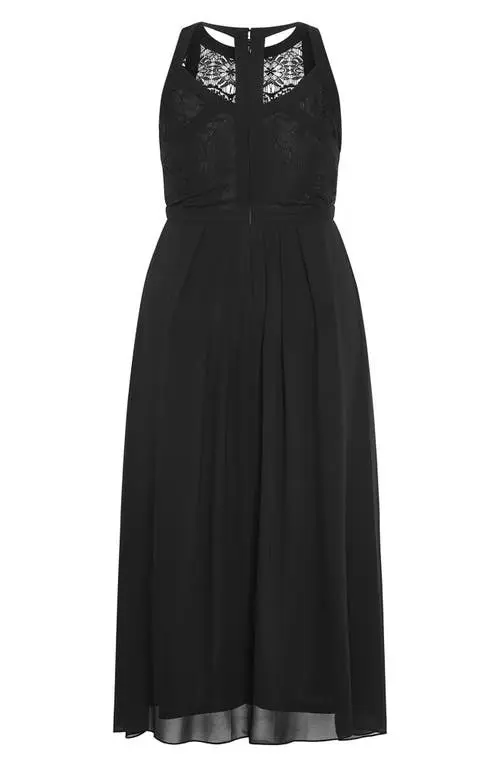City Chic Lace Bodice Pleated Dress - Black