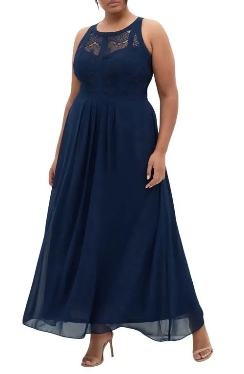 City Chic Lace Bodice Pleated Dress - French Navy