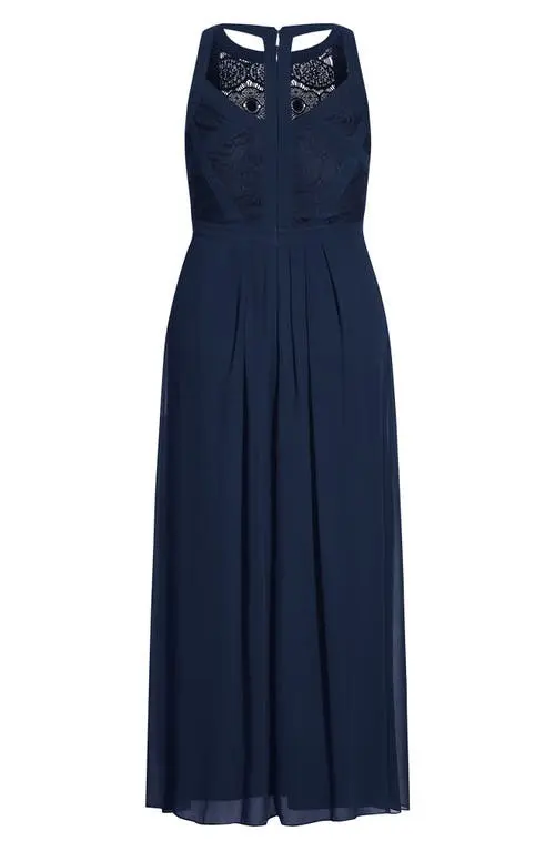 City Chic Lace Bodice Pleated Dress - French Navy