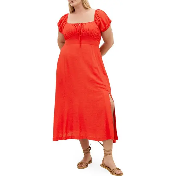City Chic Abbigail Midi Peasant Dress - Watermelon