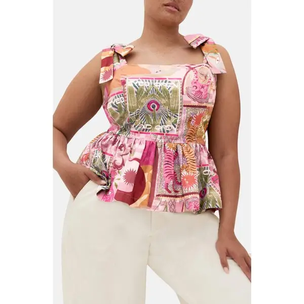 City Chic Isabel Peplum Top - Pink Dreamscape