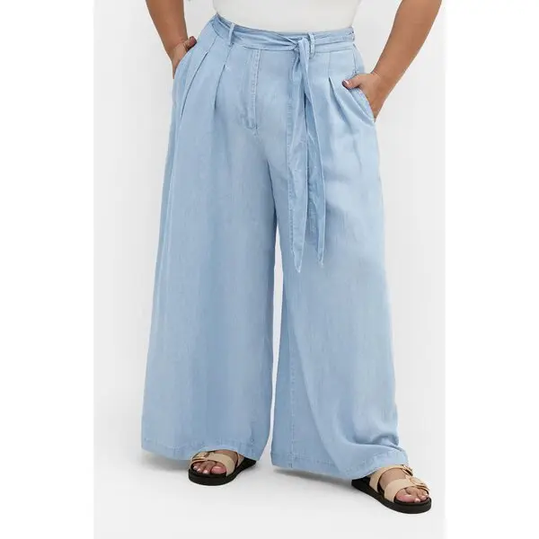 City Chic Belted Wide-leg Pants - Light Wash