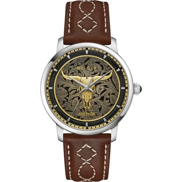 Bulova X Stetson Longhorn Automatic Leather Strap Watch - Goldone