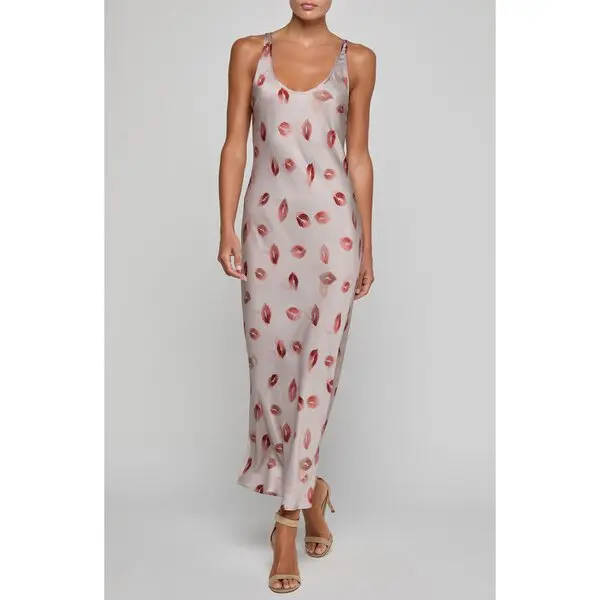L'Agence Akiya Kiss Print Satin Maxi Slipdress - Taupe/dk Red Fd Kiss