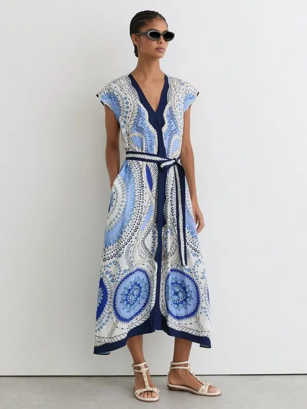 REISS Scarf-print Belted Midi Dress - Ivory/blue