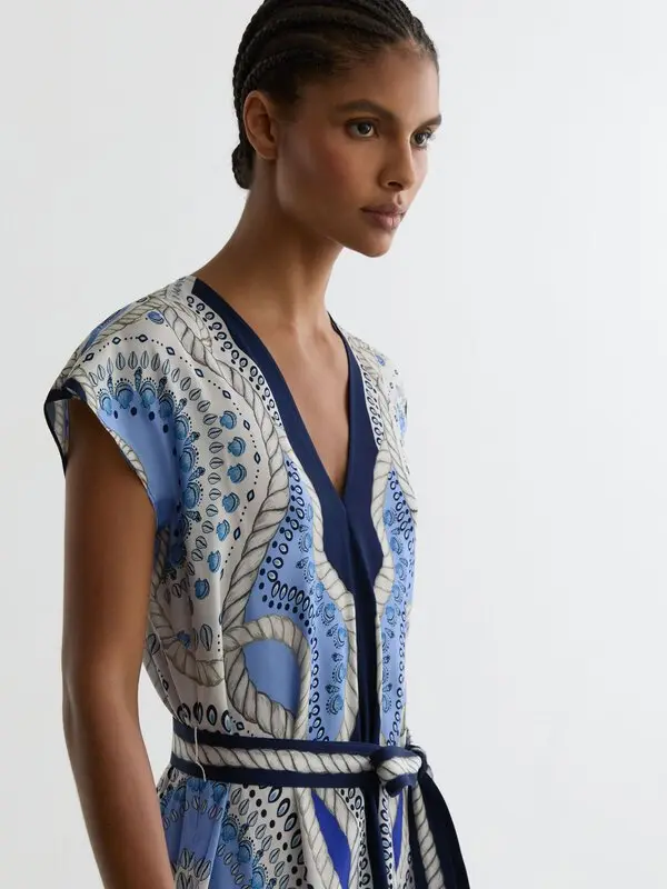 REISS Scarf-print Belted Midi Dress