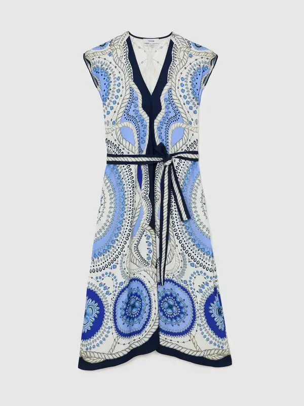 REISS Scarf-print Belted Midi Dress
