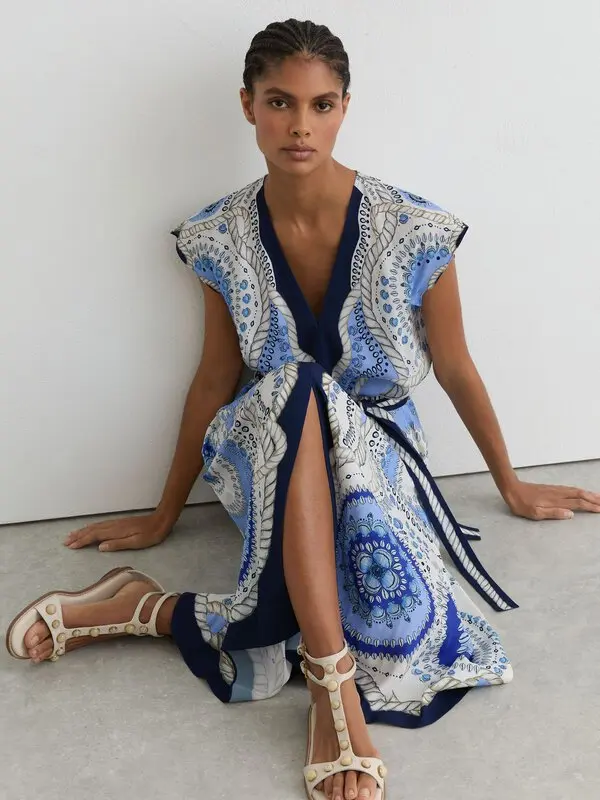 REISS Scarf-print Belted Midi Dress