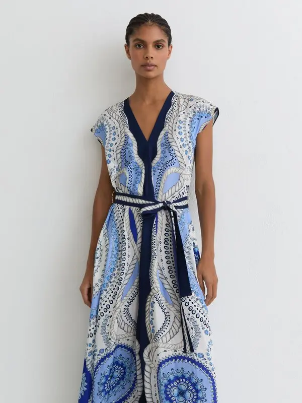 REISS Scarf-print Belted Midi Dress