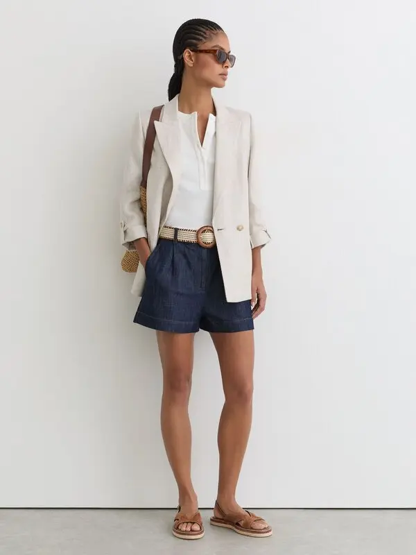 REISS Cotton-linen Belted Shorts - Indigo