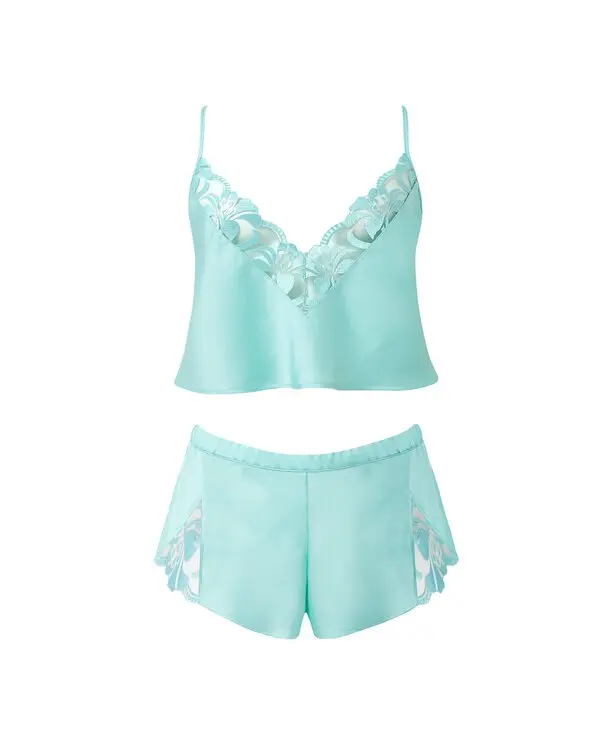 Bluebella Leonora Luxury Satin Cami And Short Set Island Paradise /sheer - Blue