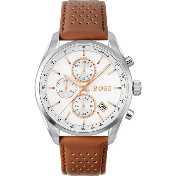 BOSS Grand Prix Chronograph Leather Strap Watch - White
