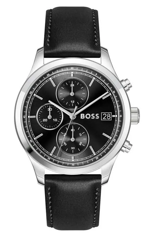 BOSS Stratus Chronograph Leather Strap Watch - Black
