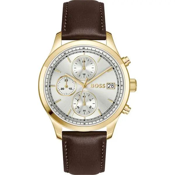 BOSS Stratus Chronograph Leather Strap Watch - Silver