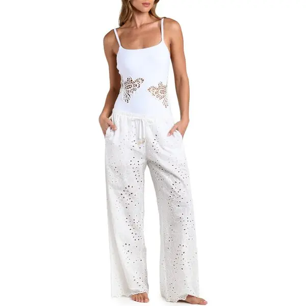 L'Agence Monstera Eyelet Cove Cover-up Pants - White