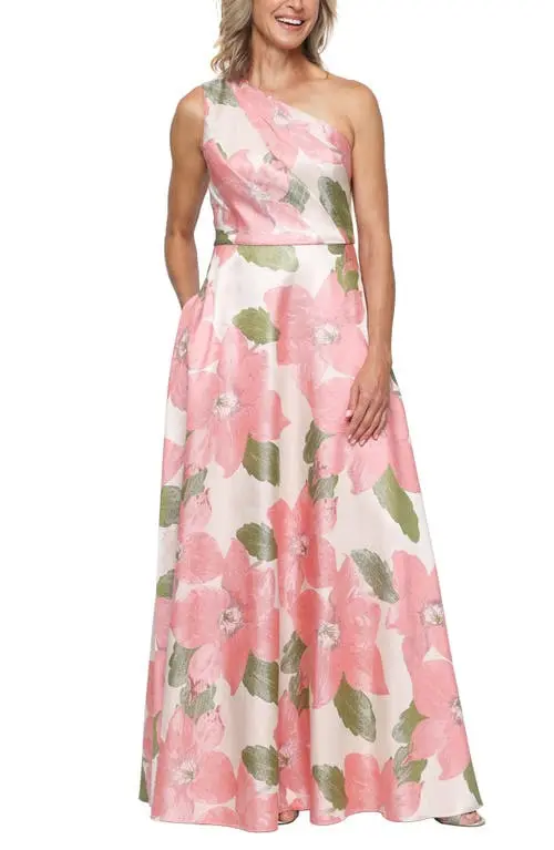 Alex Evenings Floral Jacquard One-shoulder Gown - Coral