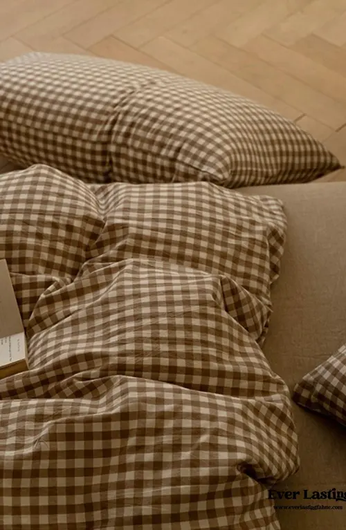 EVER LASTING Gingham Washed Cotton Bedding Set - Brown Gingham/ Fitted
