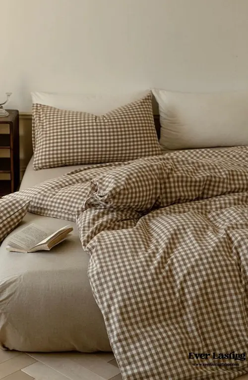 EVER LASTING Gingham Washed Cotton Bedding Set - Brown Gingham/ Fitted