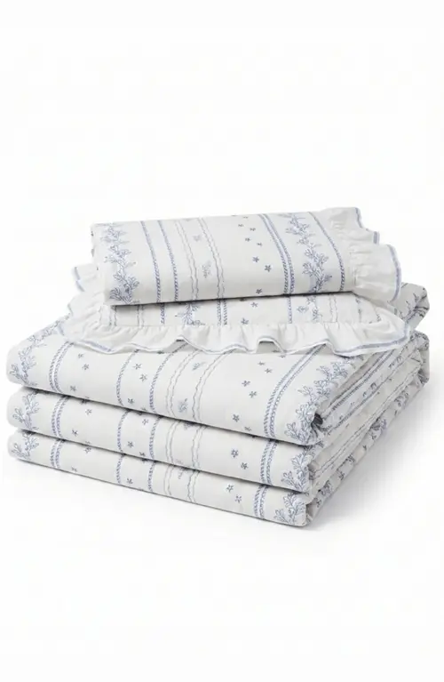 EVER LASTING Embroidered French Lace Ruffle Bedding Set - Blue/fitted
