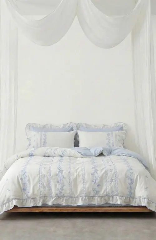 EVER LASTING Embroidered French Lace Ruffle Bedding Set - Blue/fitted