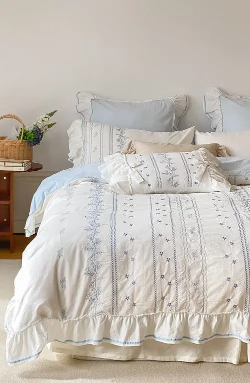 EVER LASTING Embroidered French Lace Ruffle Bedding Set - Blue/fitted