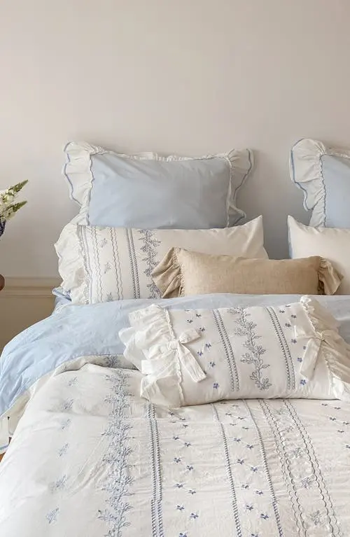 EVER LASTING Embroidered French Lace Ruffle Bedding Set - Blue/fitted