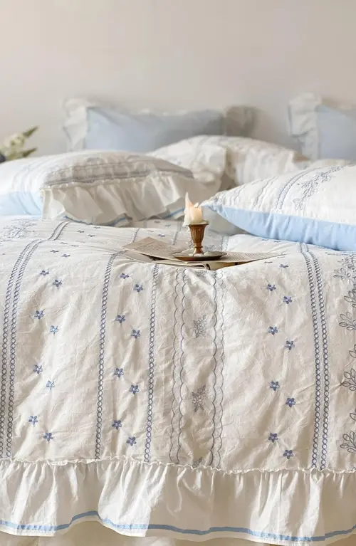 EVER LASTING Embroidered French Lace Ruffle Duvet Cover