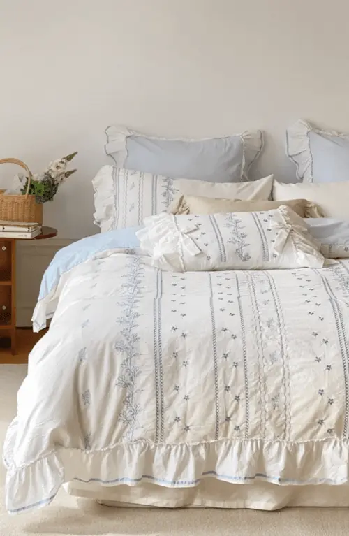 EVER LASTING Embroidered French Lace Ruffle Duvet Cover