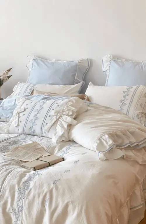 EVER LASTING Embroidered French Lace Ruffle Duvet Cover