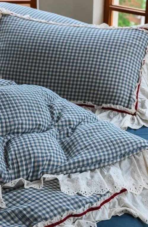 EVER LASTING Gingham Floral Ruffle Bedding Set
