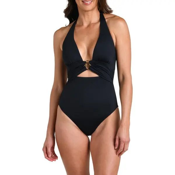 La Blanca Island Goddess Plunge One-piece Swimsuit - Black