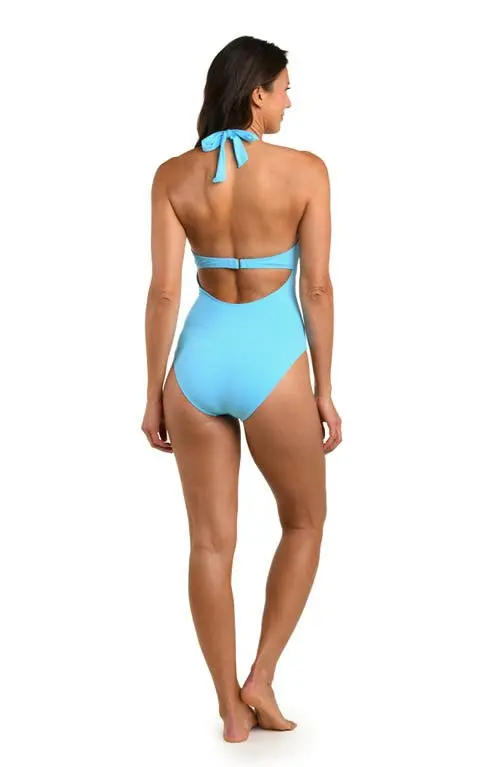 La Blanca Island Goddess Plunge One-piece Swimsuit - Sky
