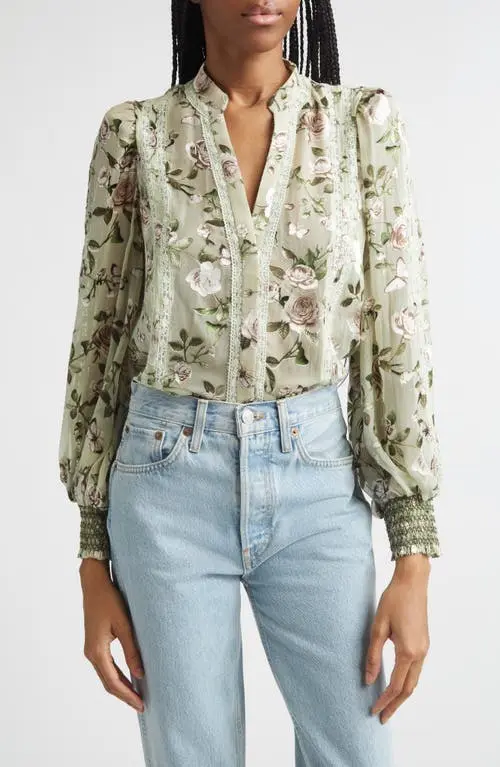 Alice + Olivia Floral Lace Trim Arlette Shirt - Garden Gossip Light Sage