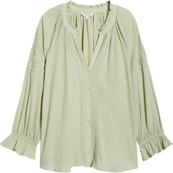 LIVERPOOL Rickrack Front Button Cotton Top - Matcha