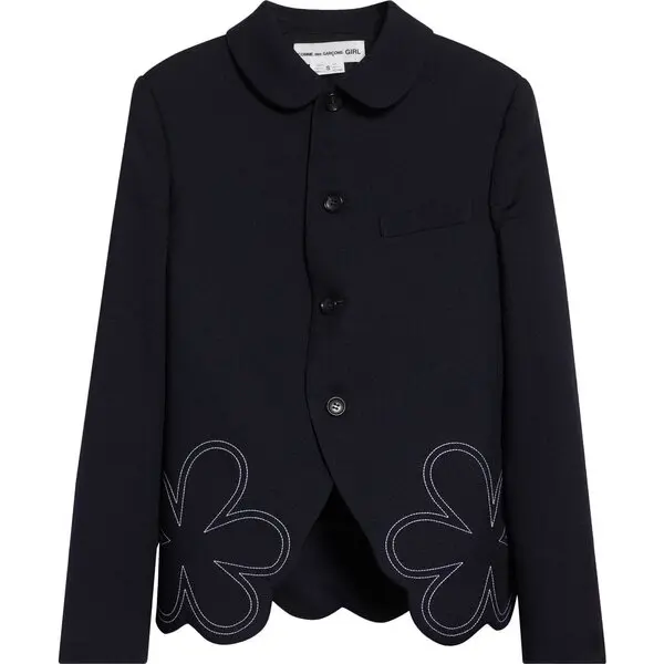Comme Des Garçons Floral Embroidered Gabardine Cutaway Jacket - Navy