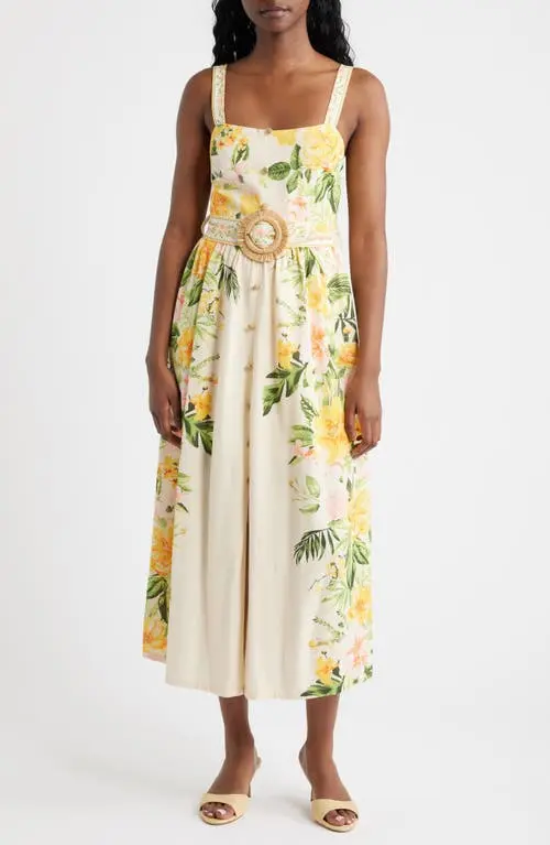 Moon River Floral Belted Midi Sundress - Cream Multi