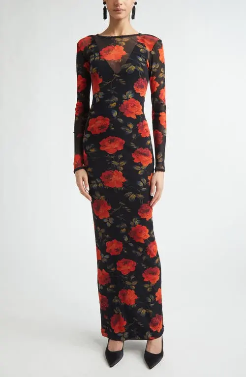 Carolina Herrera Rose Print Mesh Dress - Black Multi